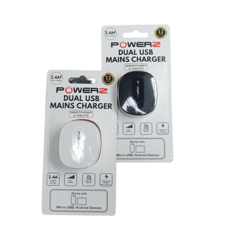Dual USB Mains Charger in Black or White - Own4Less